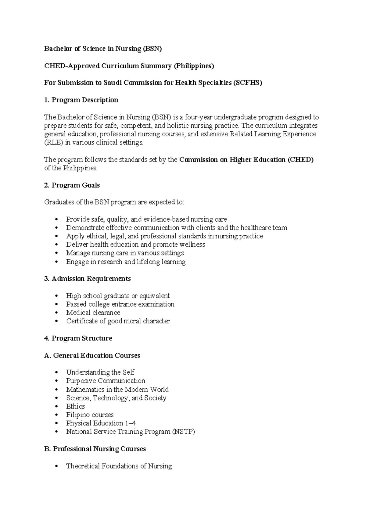 BSN Curriculum Overview for SCFHS Submission (Philippines) - Studocu