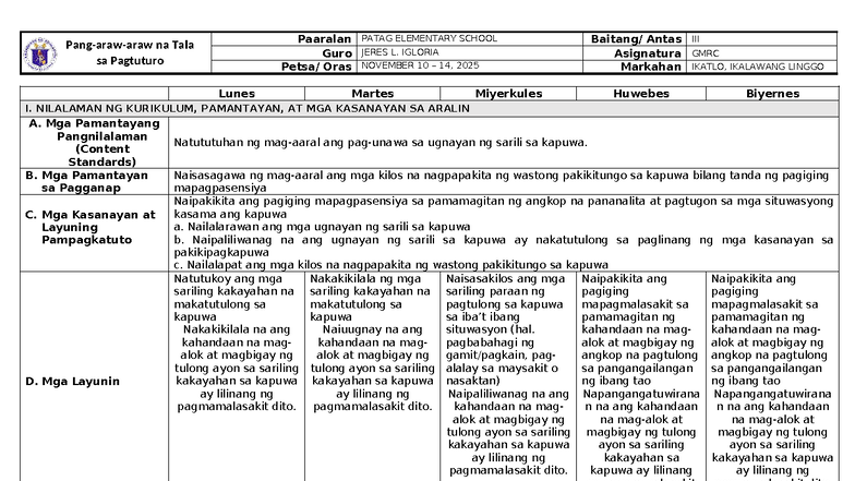 Newformat GMRC 3 Q3 Week 2: Pagtuturo ng Pagmamalasakit sa Kapuwa - Studocu
