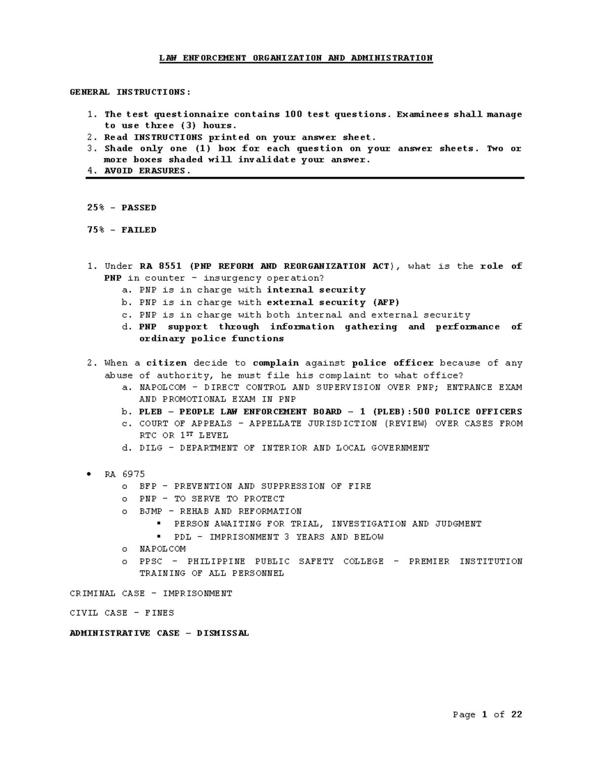 100 Q&A on Law Enforcement Org & Admin - LEA 1 Practice Exam - Studocu