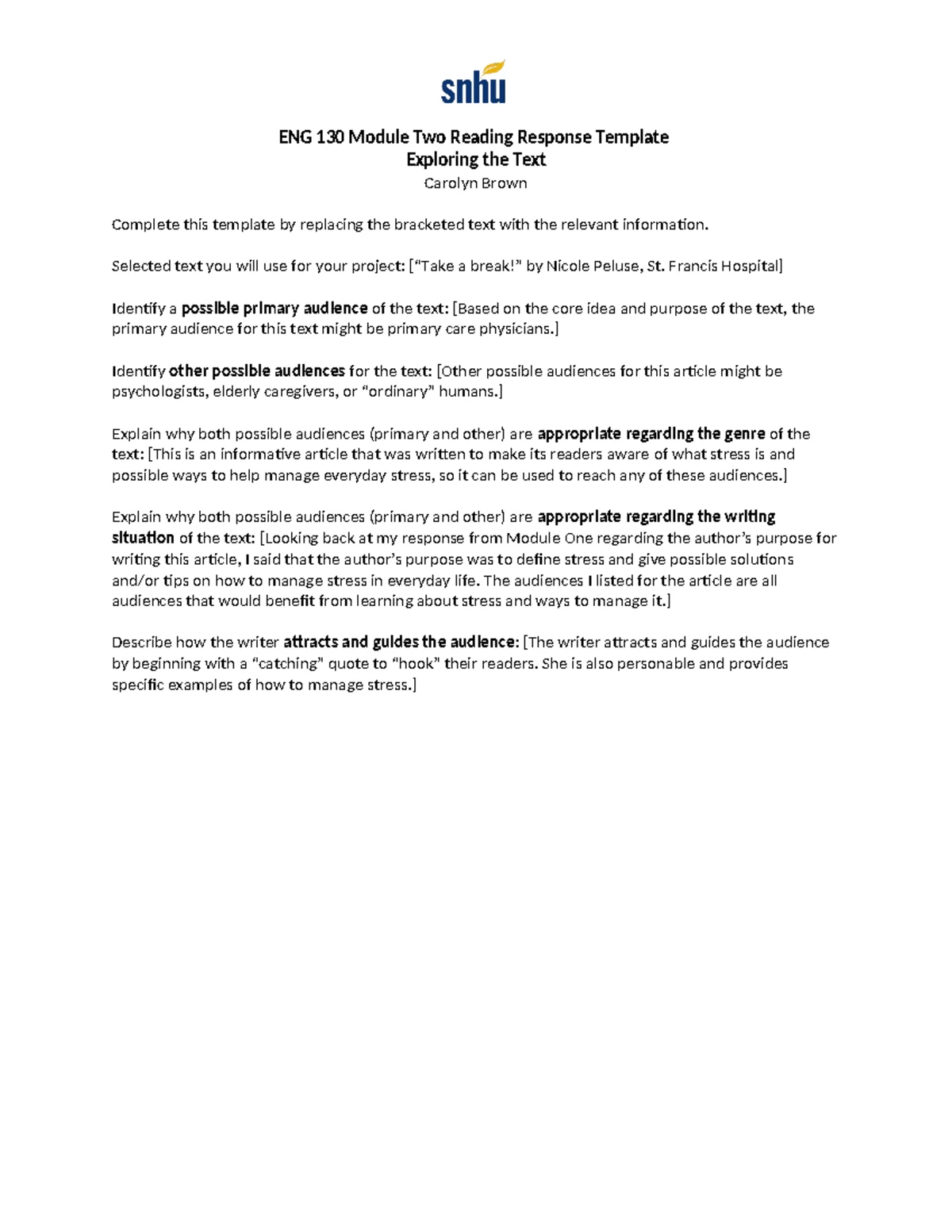 ENG 130 Module Two Reading Response: Audience Analysis and Text Engagement - Studocu