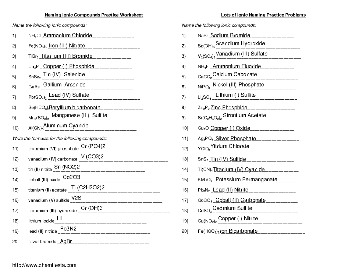Ionic Compound Naming Practice Worksheet (including Solutions) - Studocu