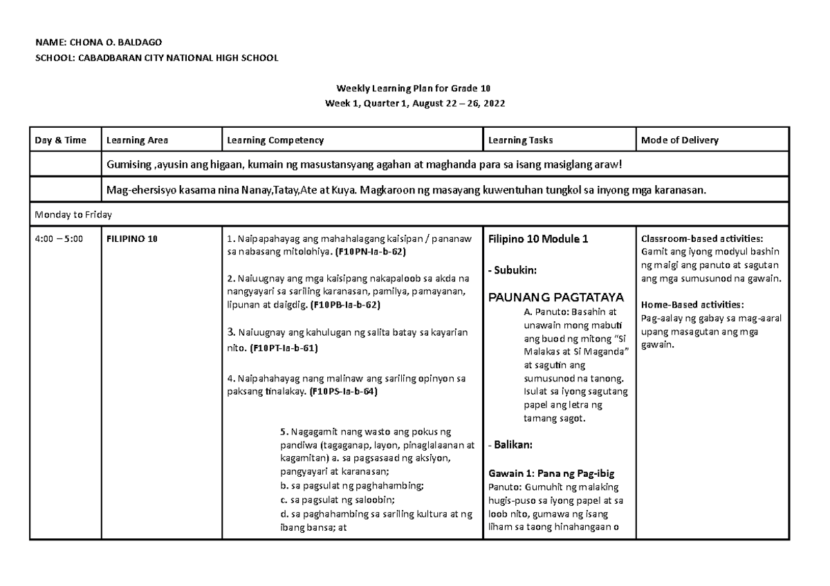 WHLP-FIL-10 - Grade 10 Weekly Learning Plan: Quarter 1 Activities - Studocu