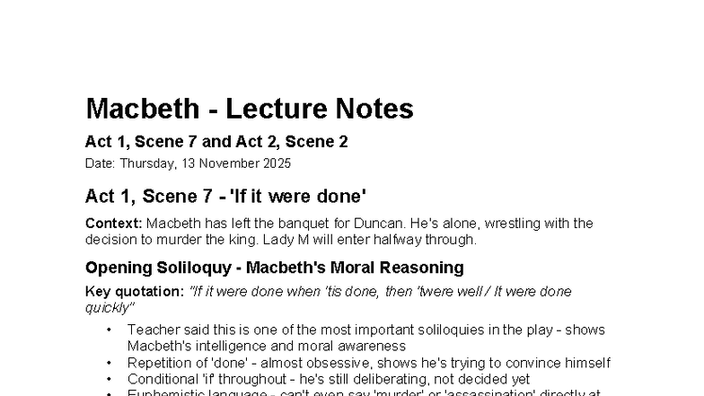 Macbeth Lecture Notes: Act 1, Scene 7 & Act 2, Scene 2 Analysis - Studocu