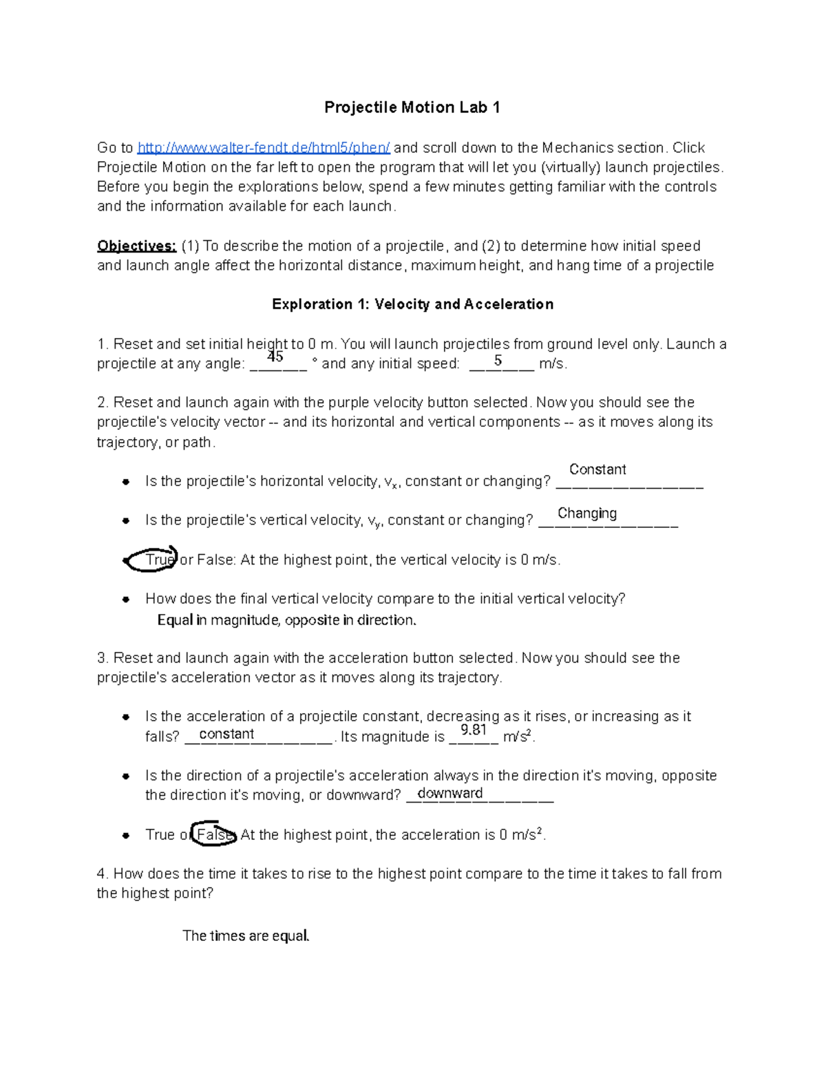Projectile Motion Lab (Physics 101): Exploring Velocity & Angles - Studocu