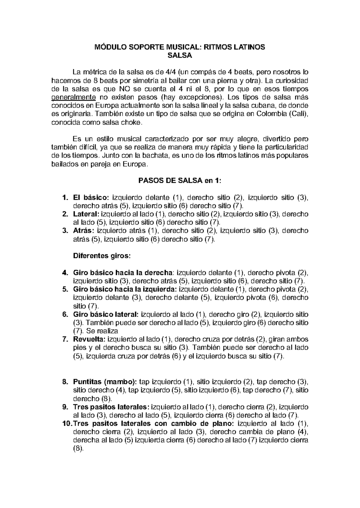 MÓDULO SOPORTE MUSICAL: PASOS Y MOVIMIENTOS DE SALSA - Studocu