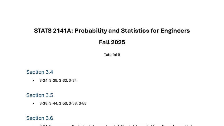 STATS 2141A: Tutorial 5 Questions on Probability & Statistics - Studocu
