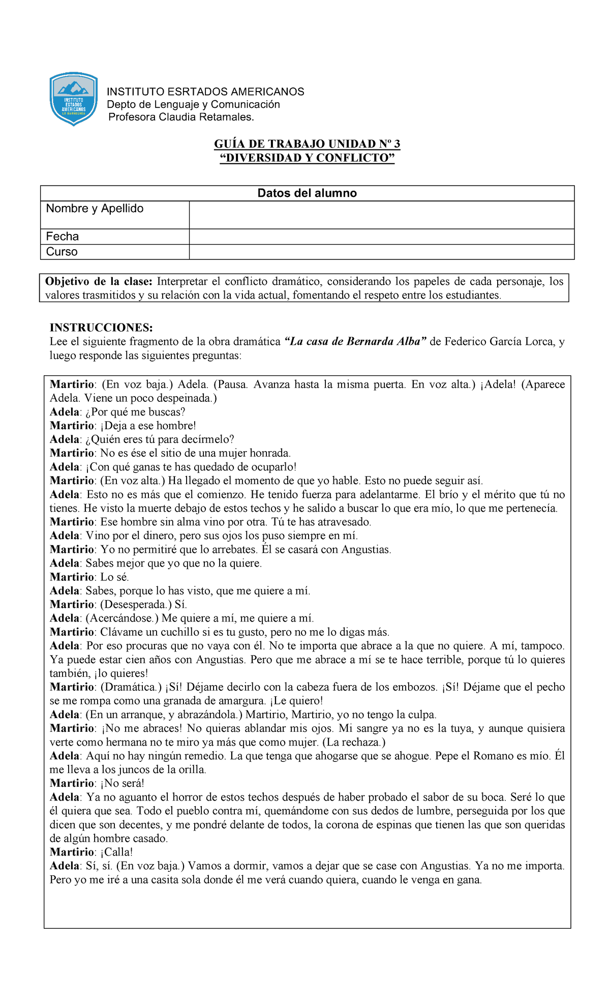 LA CASA DE BERNARDA ALBA - GUÍA DE TRABAJO UNIDAD Nº 3 - Studocu