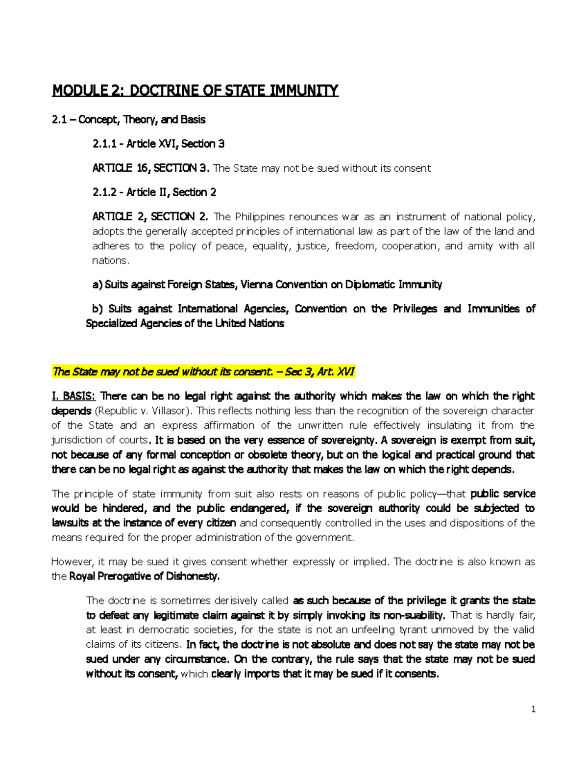 Notes on Consti-LAW-MOD-2: Doctrine of State Immunity Explained - Studocu