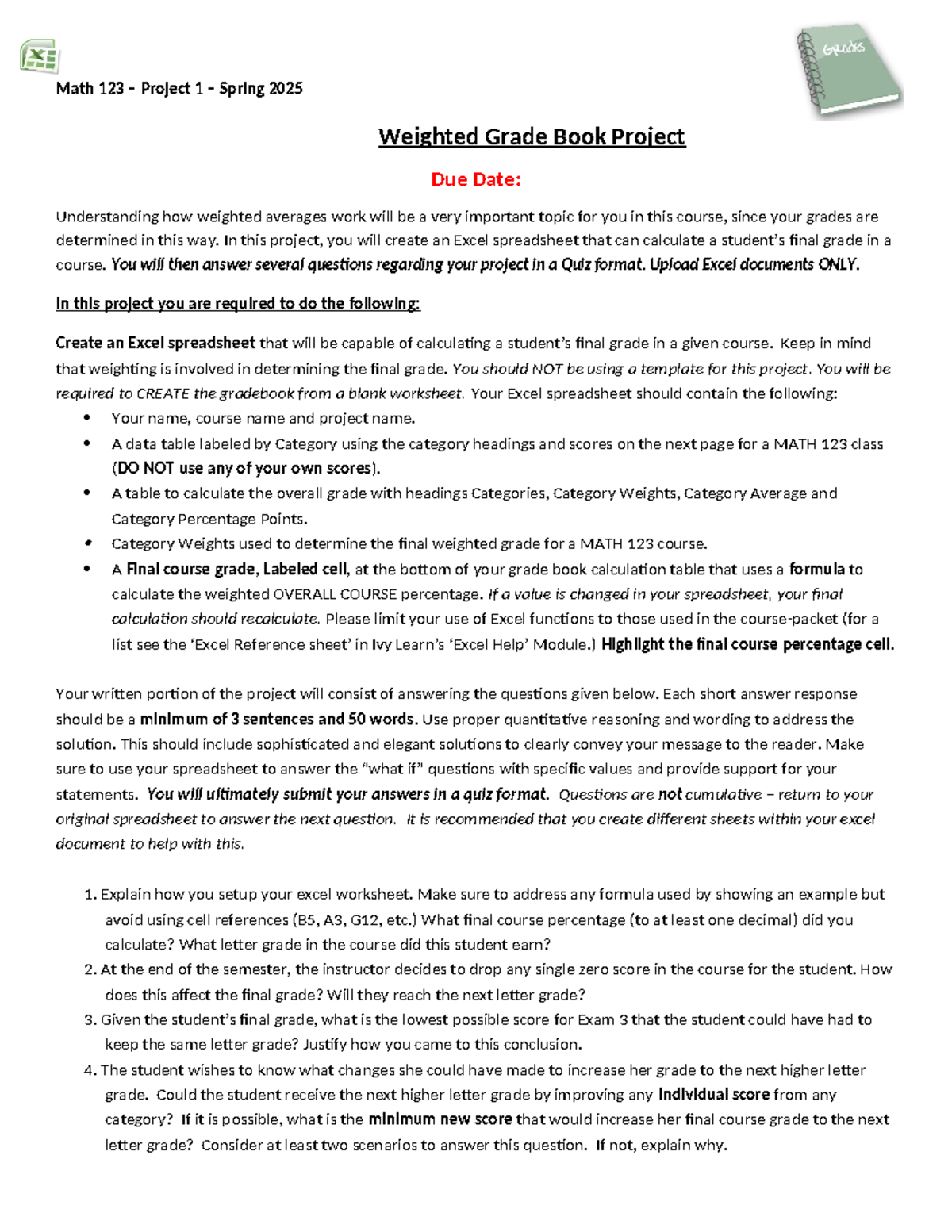 Weighted Gradebook Project - MATH 123 - Spring 2025 - Studocu