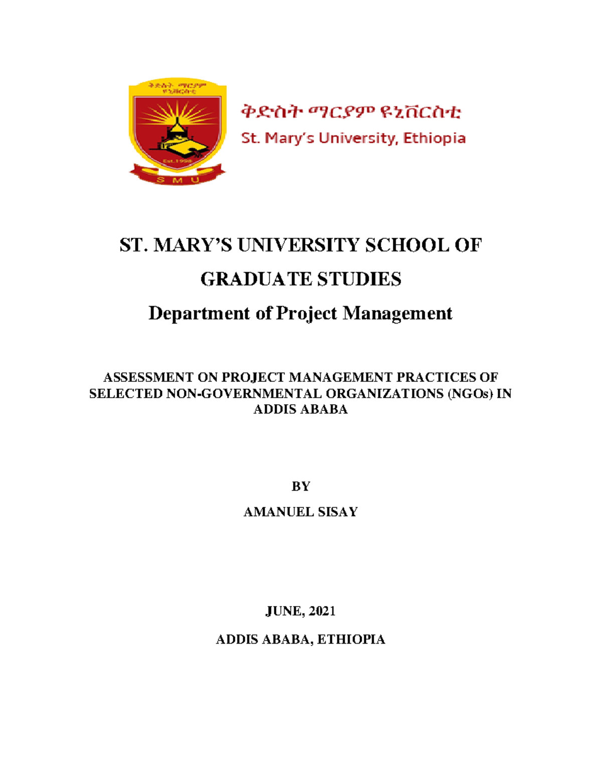 Assessment of Project Management Practices in NGOs: A Thesis by Amanuel ...