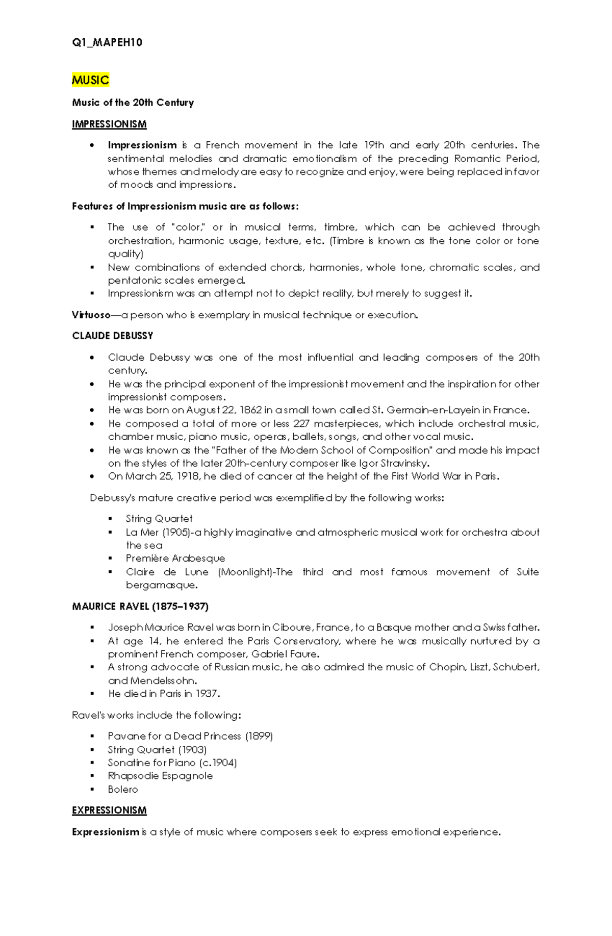 10 Q1 Reviewer Mapeh - ijjjj - MUSIC Music of the 20th Century ...