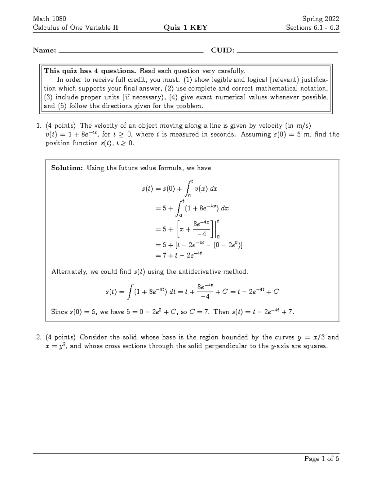 Math 1080 Quiz 1 KEY - Calculus of One Variable II Solutions - Studocu