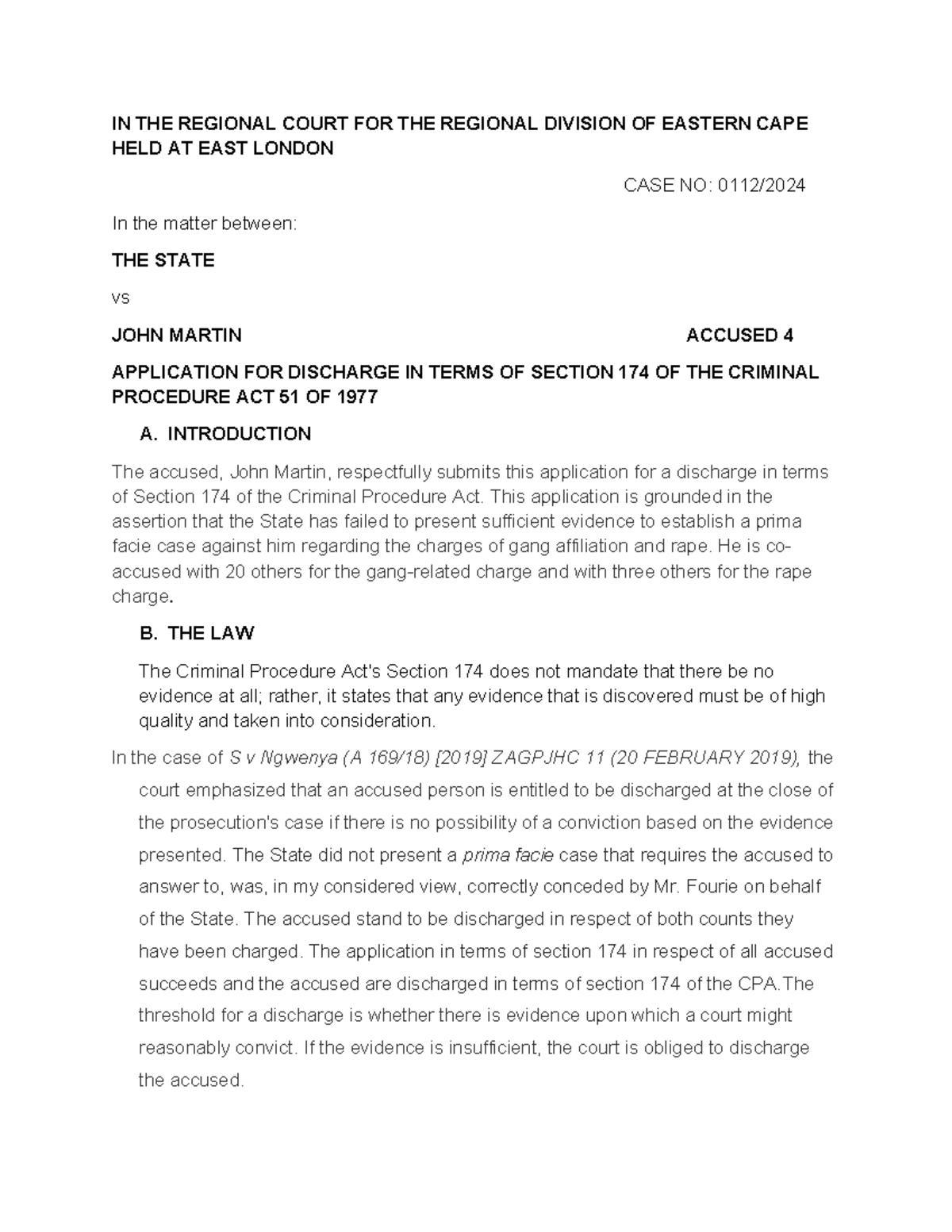 Application for Discharge Under Section 174 of CPA: State vs. Martin ...