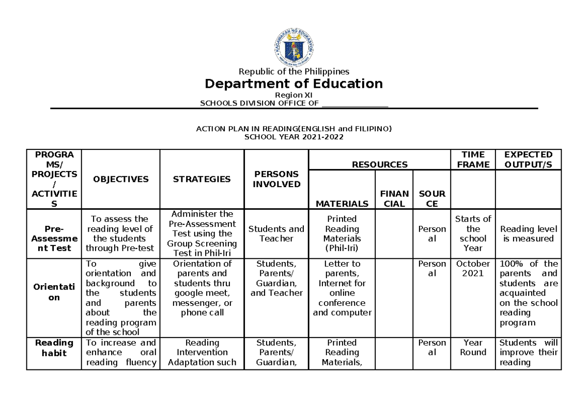 Action Plan in Reading (English & Filipino) SY 2021-2022 - Studocu