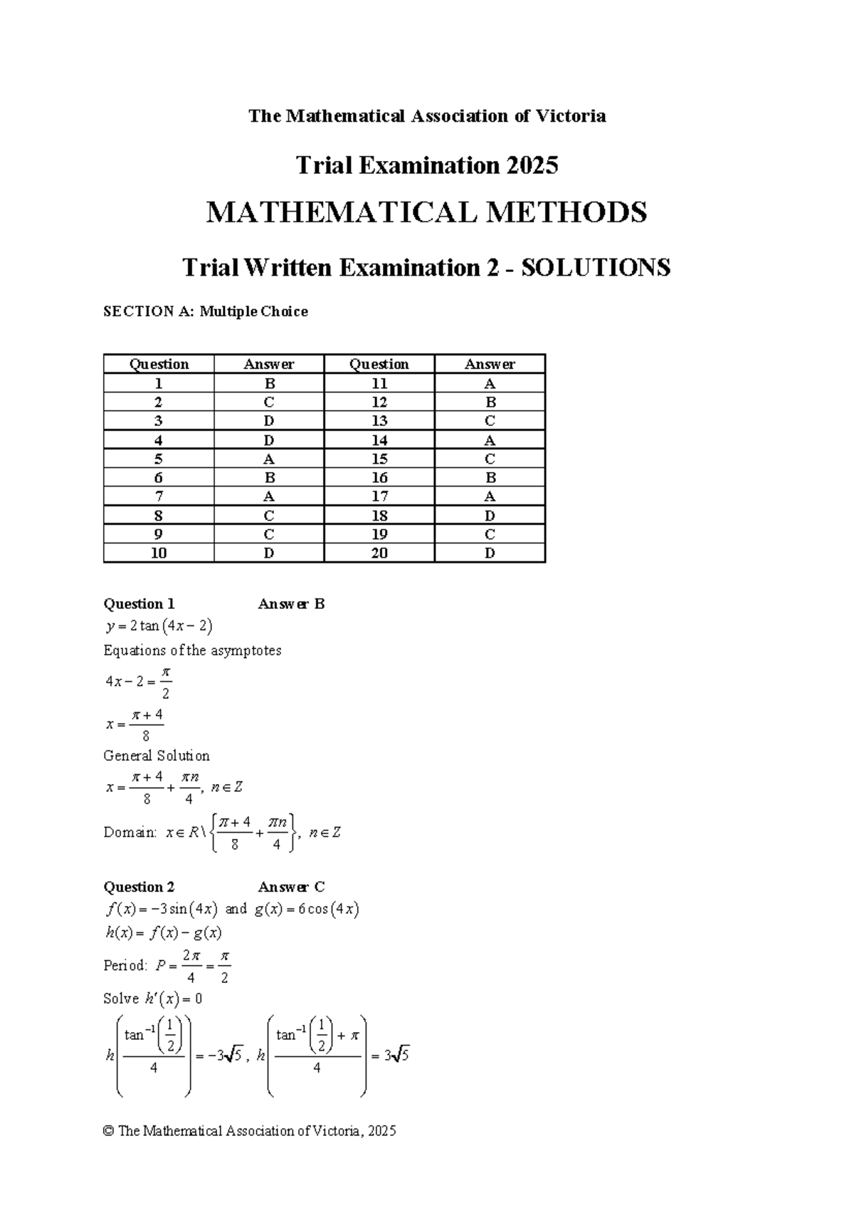 2025 MAV Mathematical Methods Trial Exam 2 Solutions - Studocu