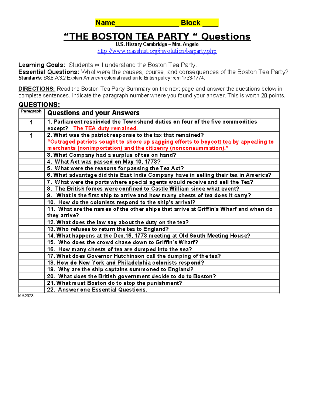 U.S. History Q&A: The Boston Tea Party (Final Exam) - Studocu