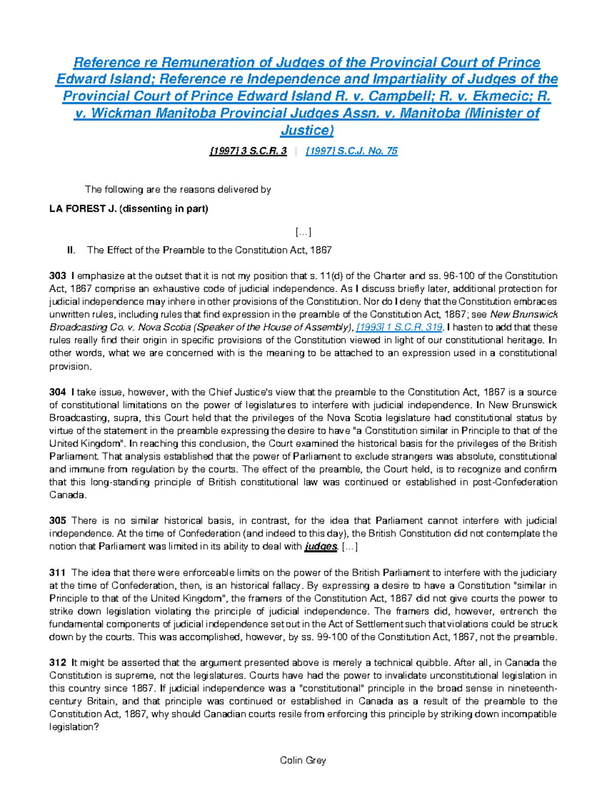 Reference re Remuneration of Judges: La Forest J. Dissent Analysis ...