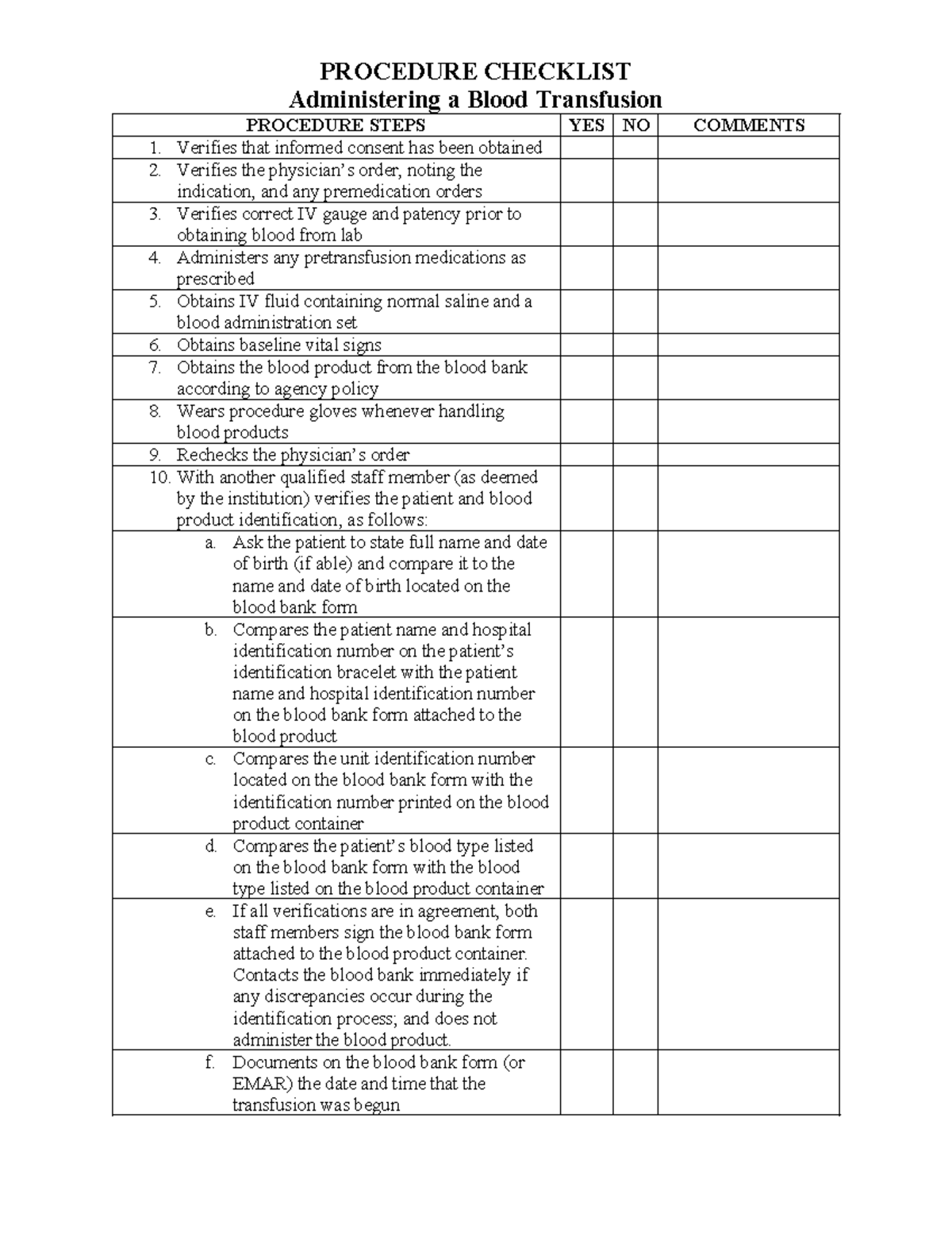 Blood Administration Procedure Checklist [101] - Step-by-Step Guide ...