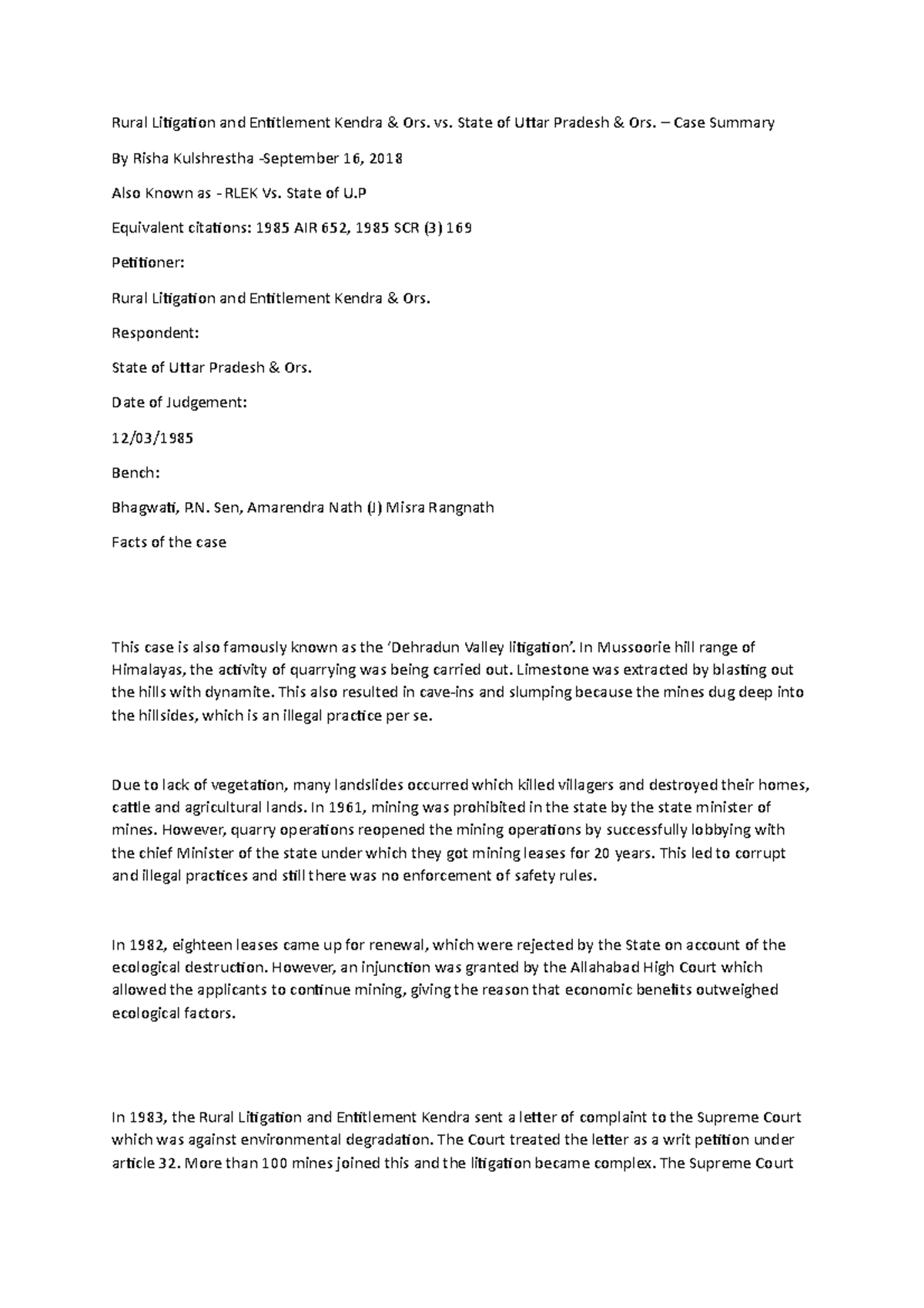 Case Summary: Rural Litigation and Entitlement Kendra vs. State of U.P ...
