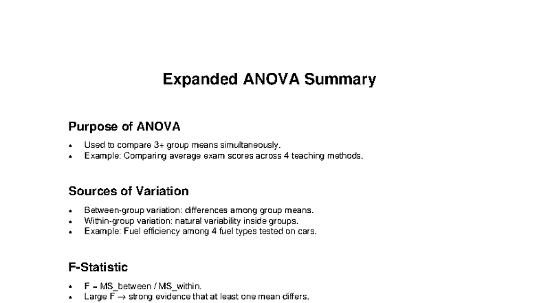 ANOVA Summary: Comparing Group Means in Research (Expanded) - Studocu