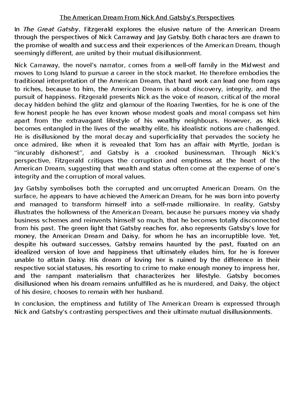 The Great Gatsby - Comparative Analysis of Perspectives on the American ...