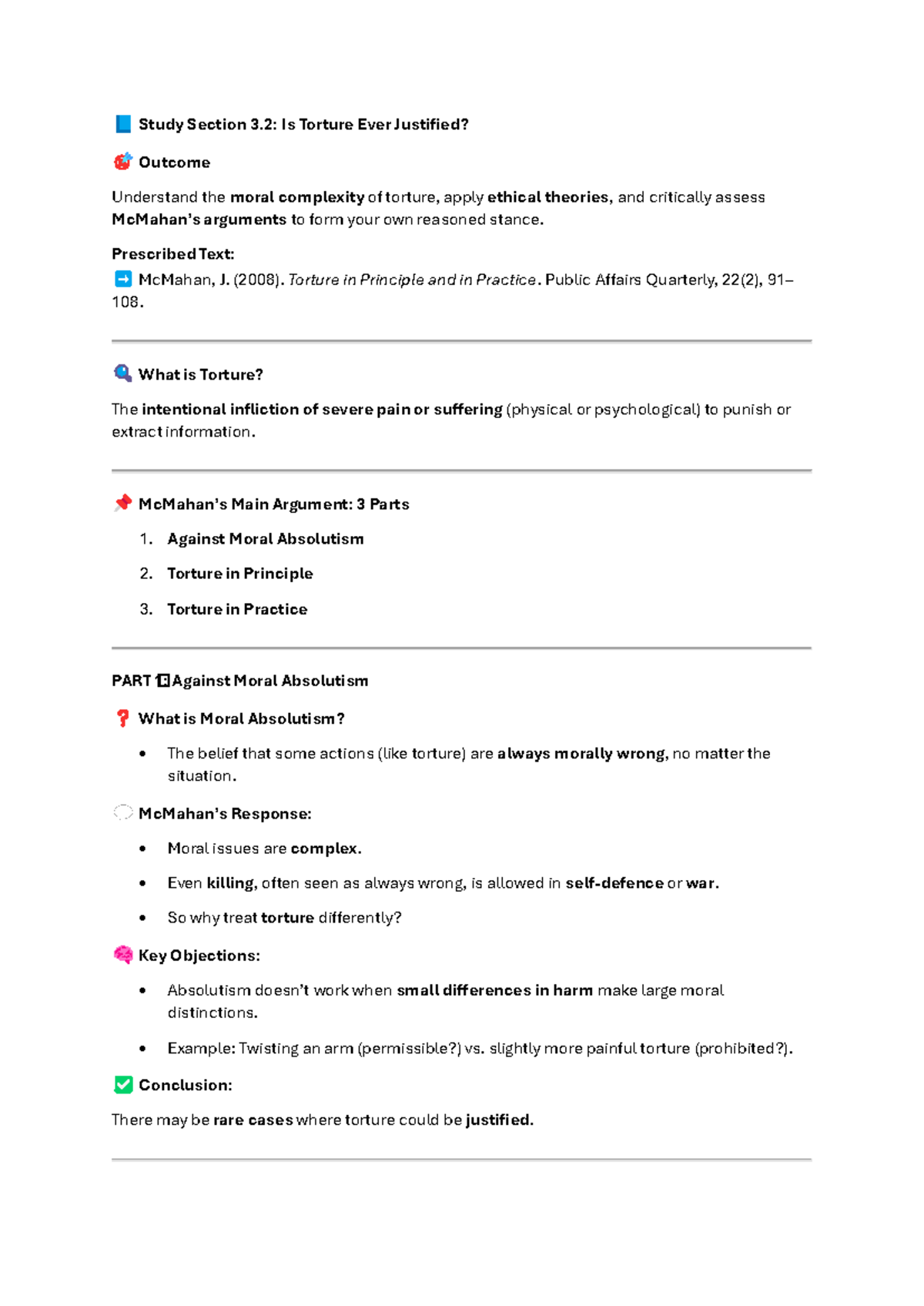 Torture 3: Is Torture Ever Justified? - PHIL 101 Final Exam Notes - Studocu