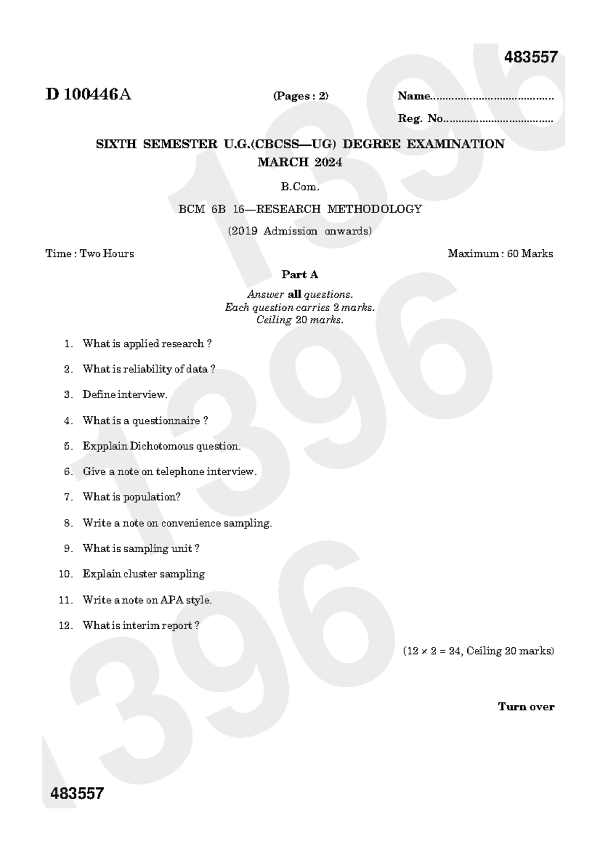 2024 BCM 6B Research Methodology Exam Questions and Answers - Studocu