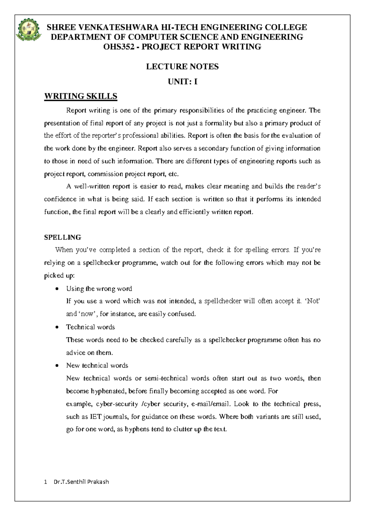 OHS352 - Project Report Writing Lecture Notes: Units I to V Insights ...