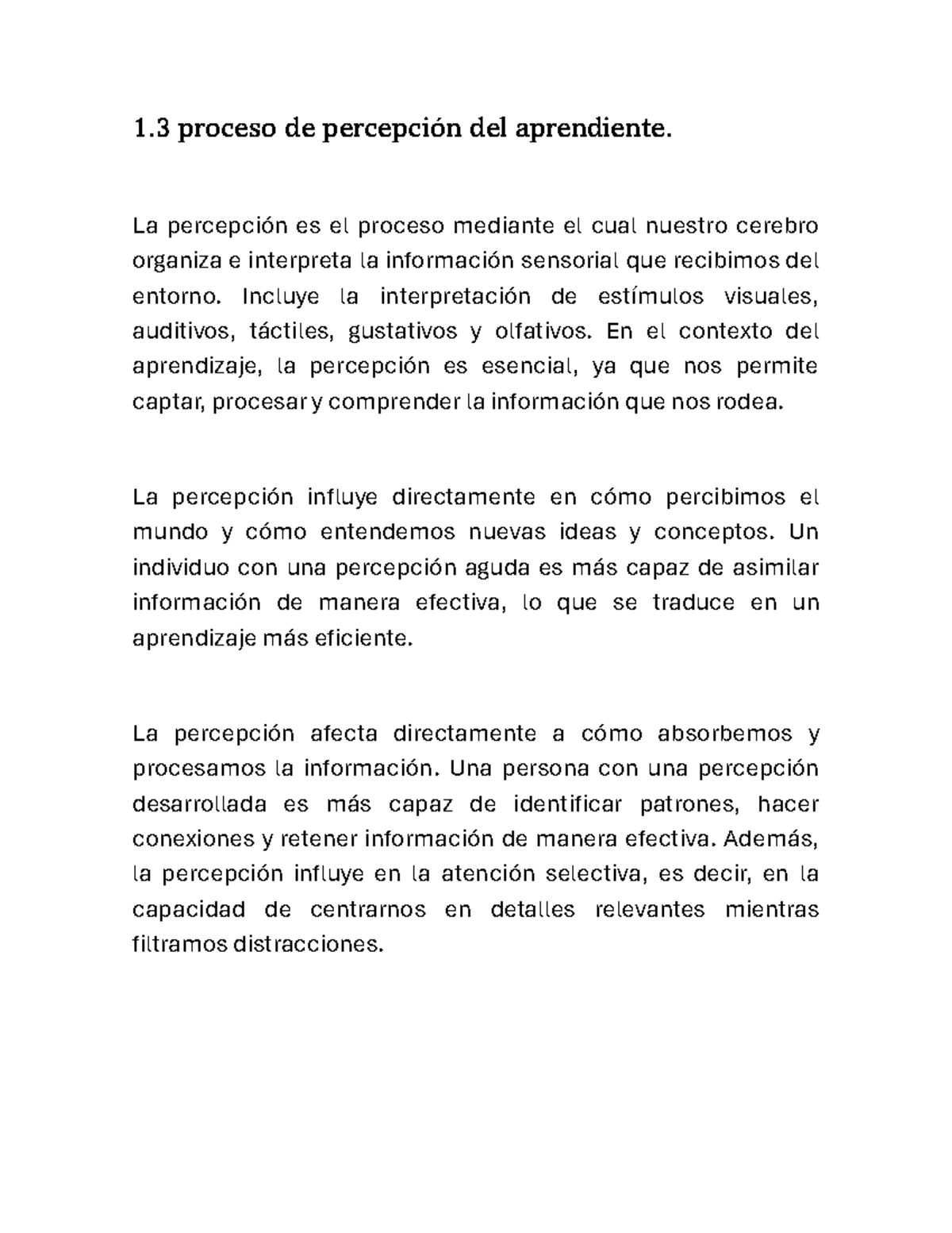 Proceso de Percepción y Aprendizaje: Importancia de los Sentidos - Studocu