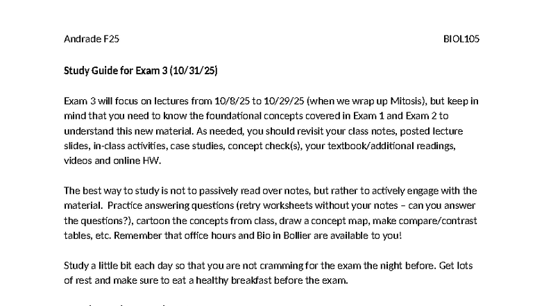 Andrade F25 BIOL105 Study Guide for Exam 3: Cell Signaling & Mitosis ...