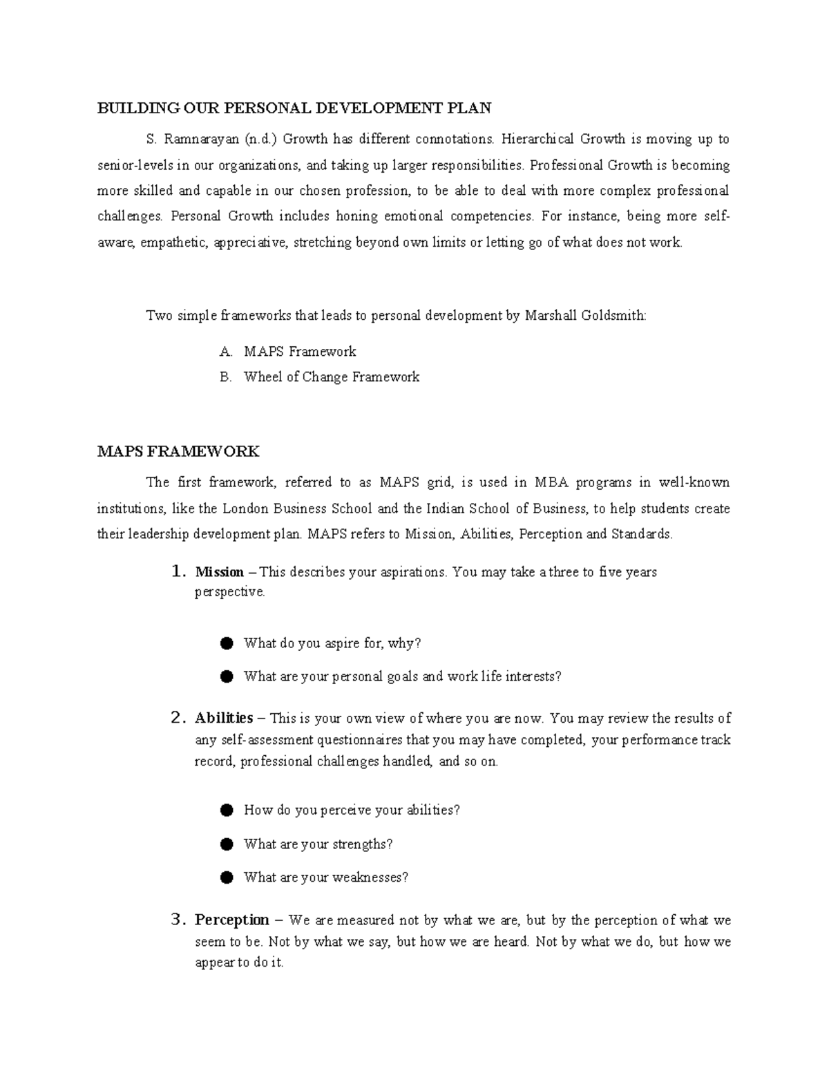 Personal Development Plan: MAPS & Wheel of Change Frameworks - Studocu