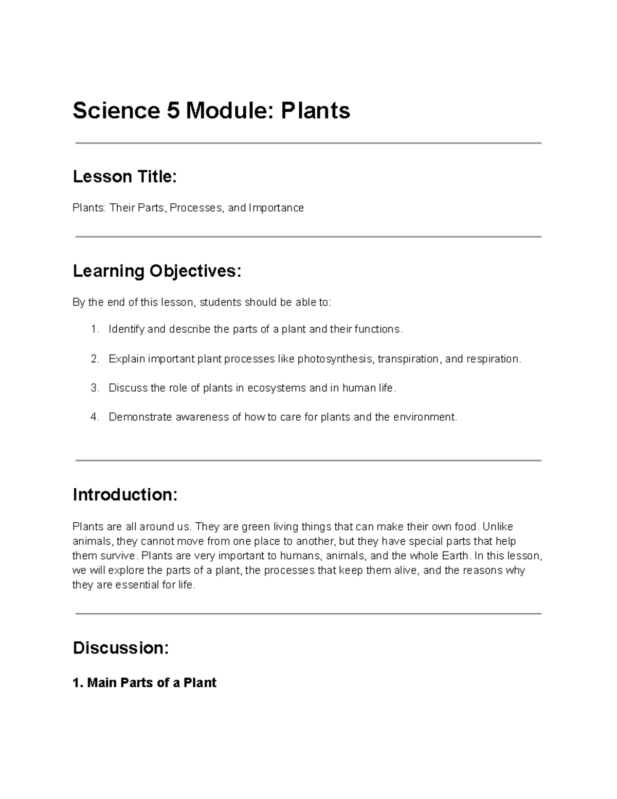 Science 5 Module: Plants Lesson on Parts, Processes & Importance - Studocu