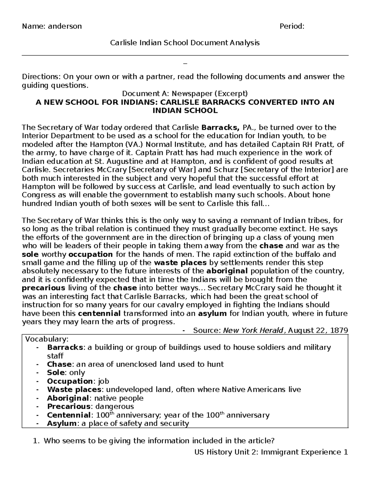 Carlisle Indian School Document Analysis: Historical Perspectives and ...