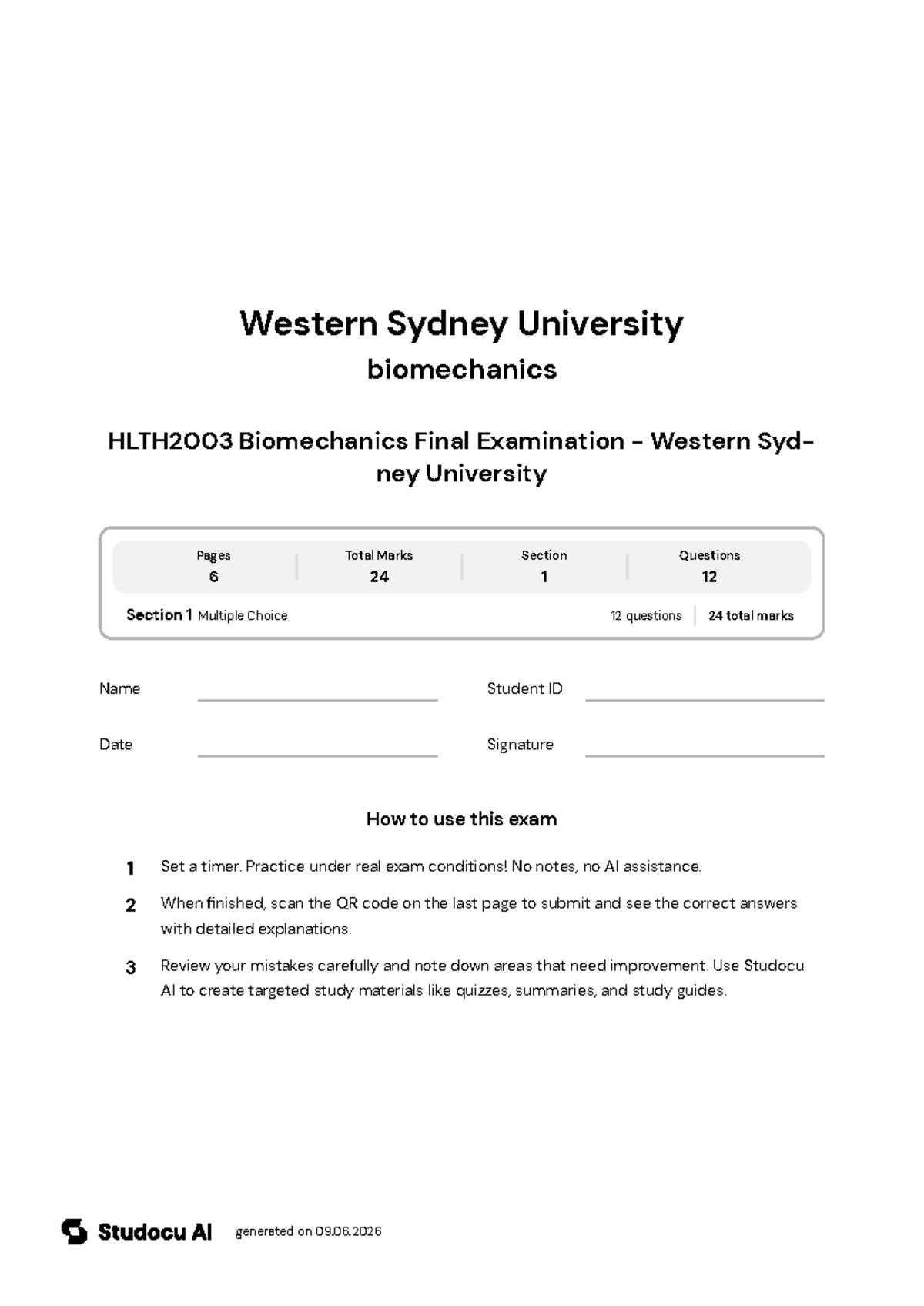 HLTH2003 Biomechanics Final Exam - Western Sydney University - Studocu