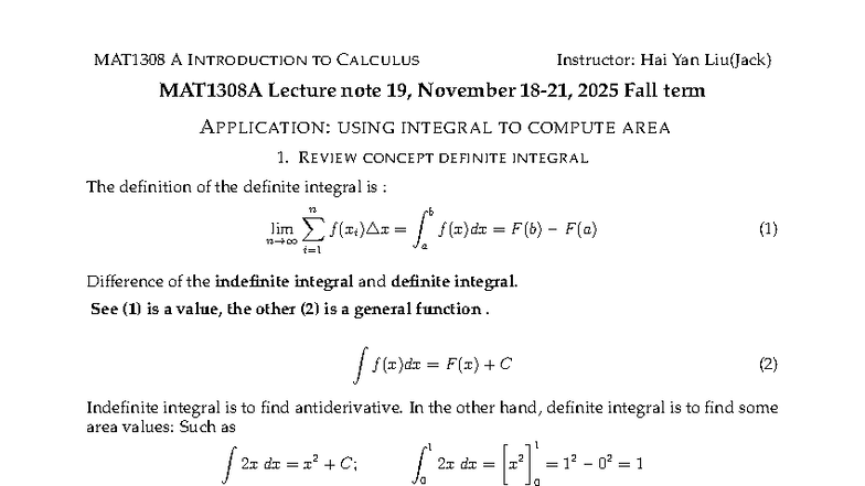 MAT1308 Lecture Notes 19: Application of Integrals to Compute Area ...