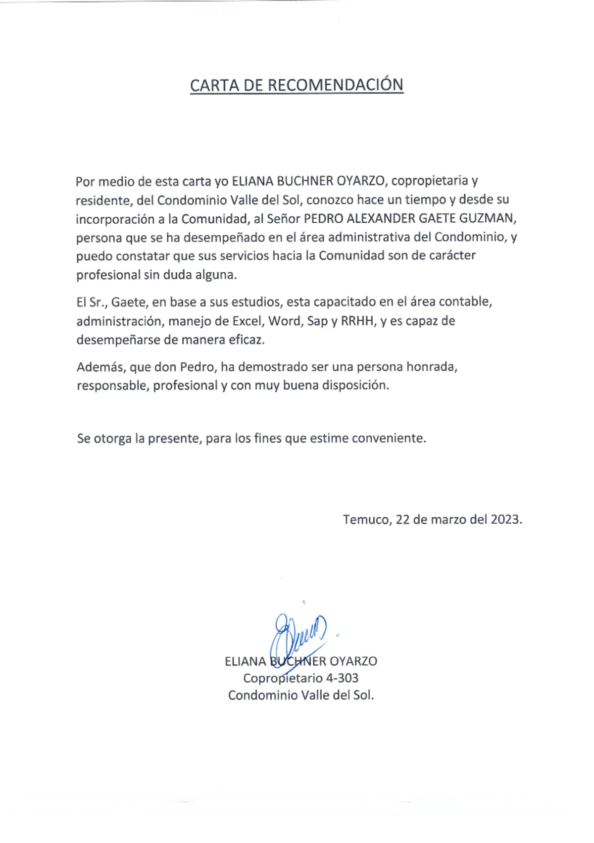 Carta de Recomendación de Eliana Buchner para Pedro Gaete - Studocu