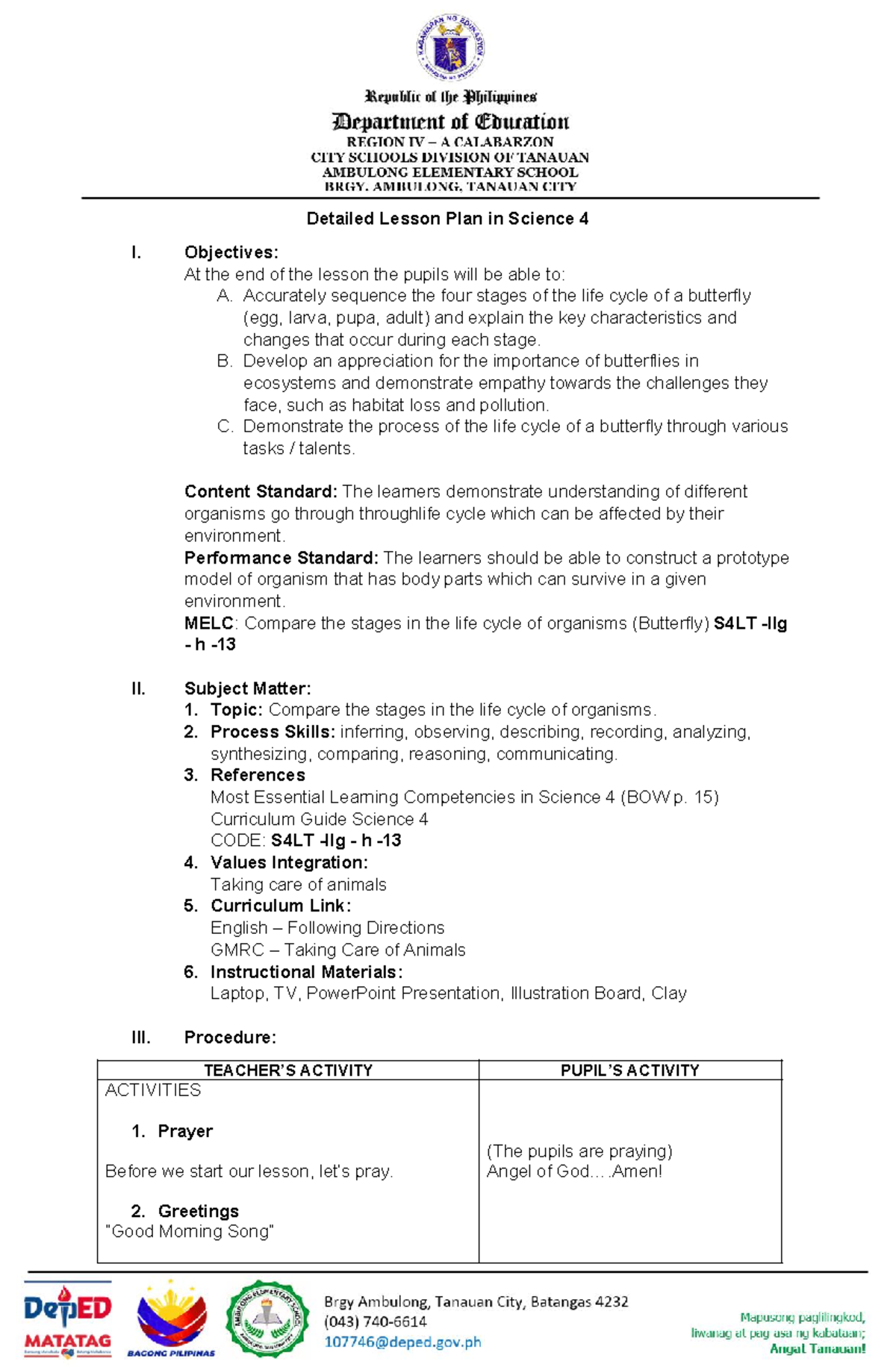 Lesson Plan for Science 4: Butterfly Life Cycle (S4LT-IIg-h) - Studocu