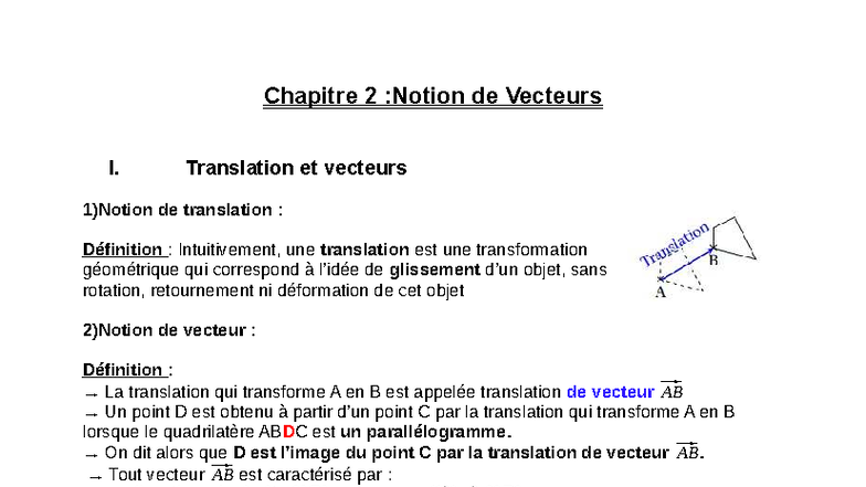 Chapitre 2 : Notion de Vecteurs I - Translation et Propriétés - Studocu