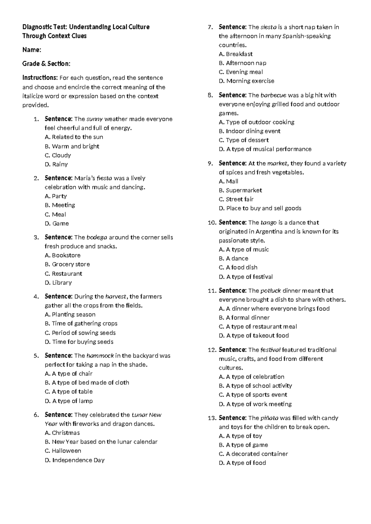 Diagnostic Test: Context Clues in Local Culture - English 8 - Studocu