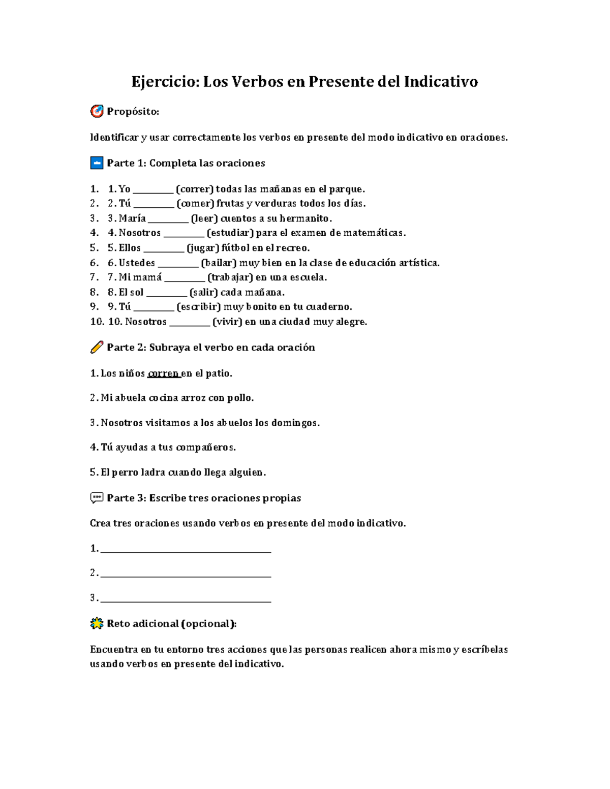 Ejercicio: Verbos en Presente del Indicativo 6to - Studocu