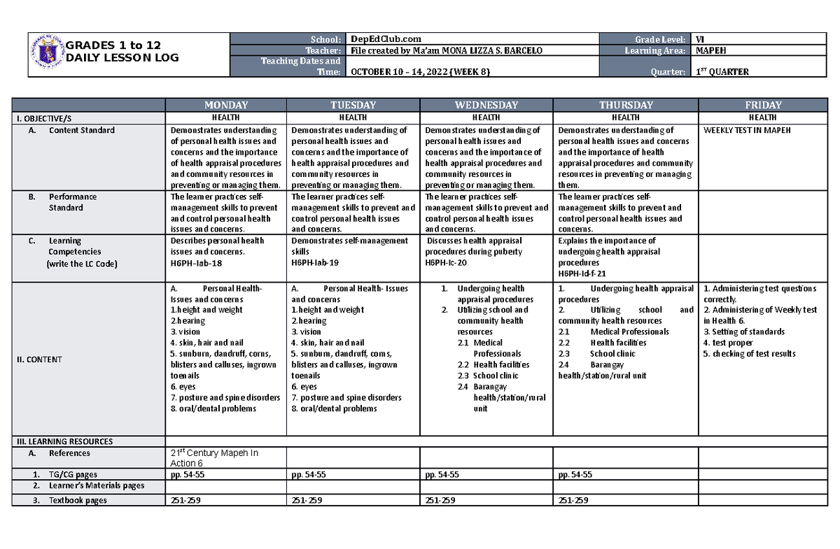DLL Mapeh 6 Q1 W8 - Teaching - GRADES 1 to 12 DAILY LESSON LOG School: DepEdClub Grade Level: VI ...