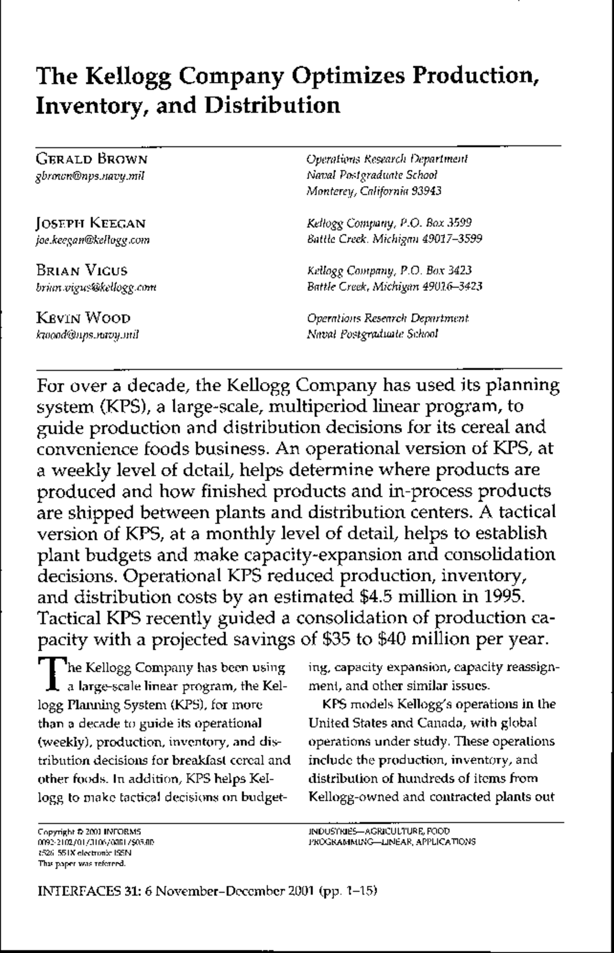 Kellogg Interfaces: Optimization of Production and Distribution ...