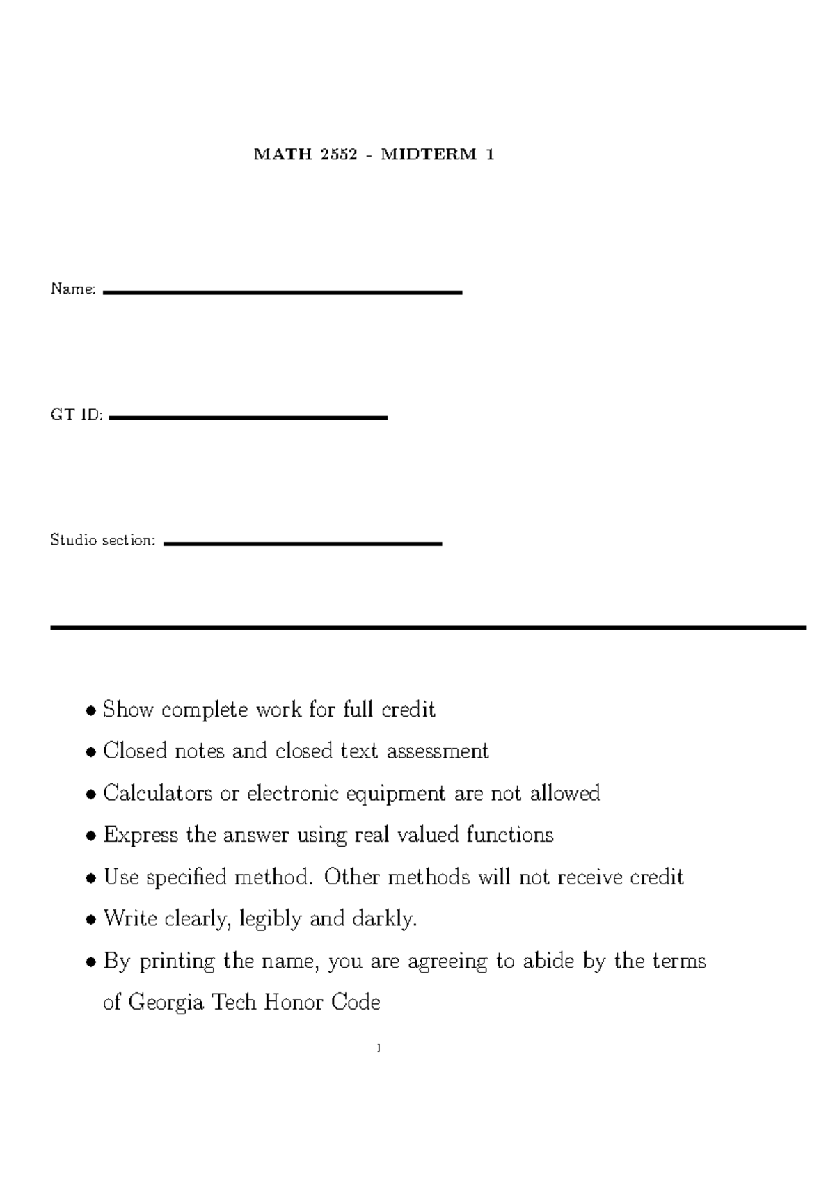 MATH 2552 MIDTERM 1 Study Guide and Practice Problems - Studocu