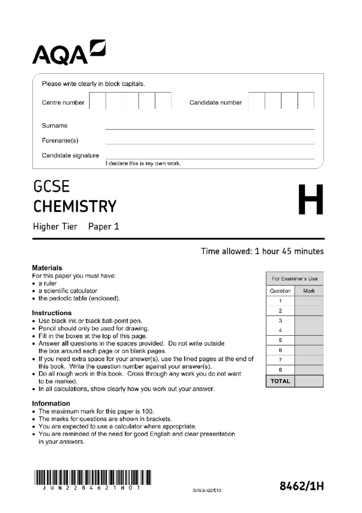 Chemistry GCSE H Higher Tier Paper 1 2022 AQA exam questions - Studocu