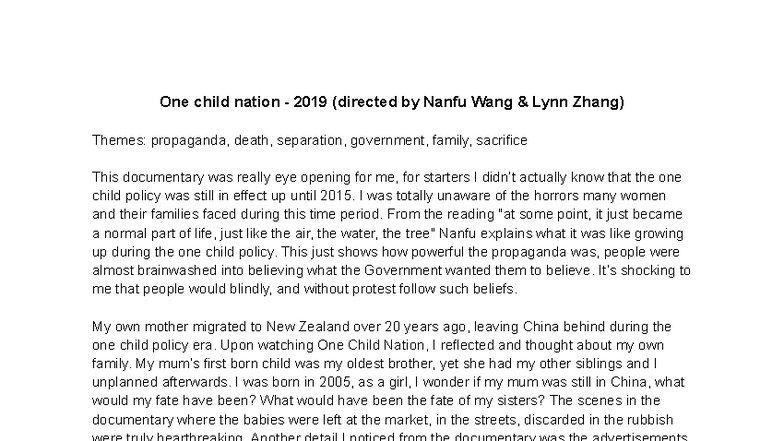 One Child Nation (2019) - Film Review & Reflection Notes - Studocu