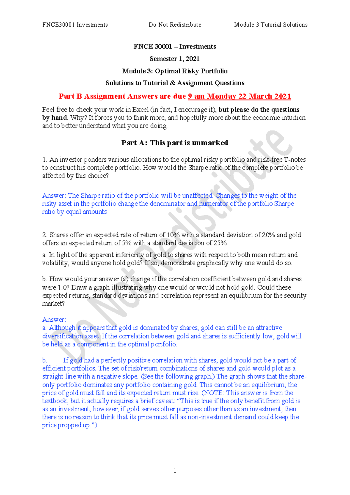 FNCE 30001 – Investments: Assignment 3 on Optimal Risky Portfolio ...