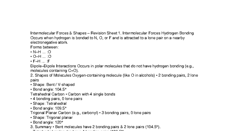 Intermolecular Forces & Molecular Shapes Revision Sheet - Studocu
