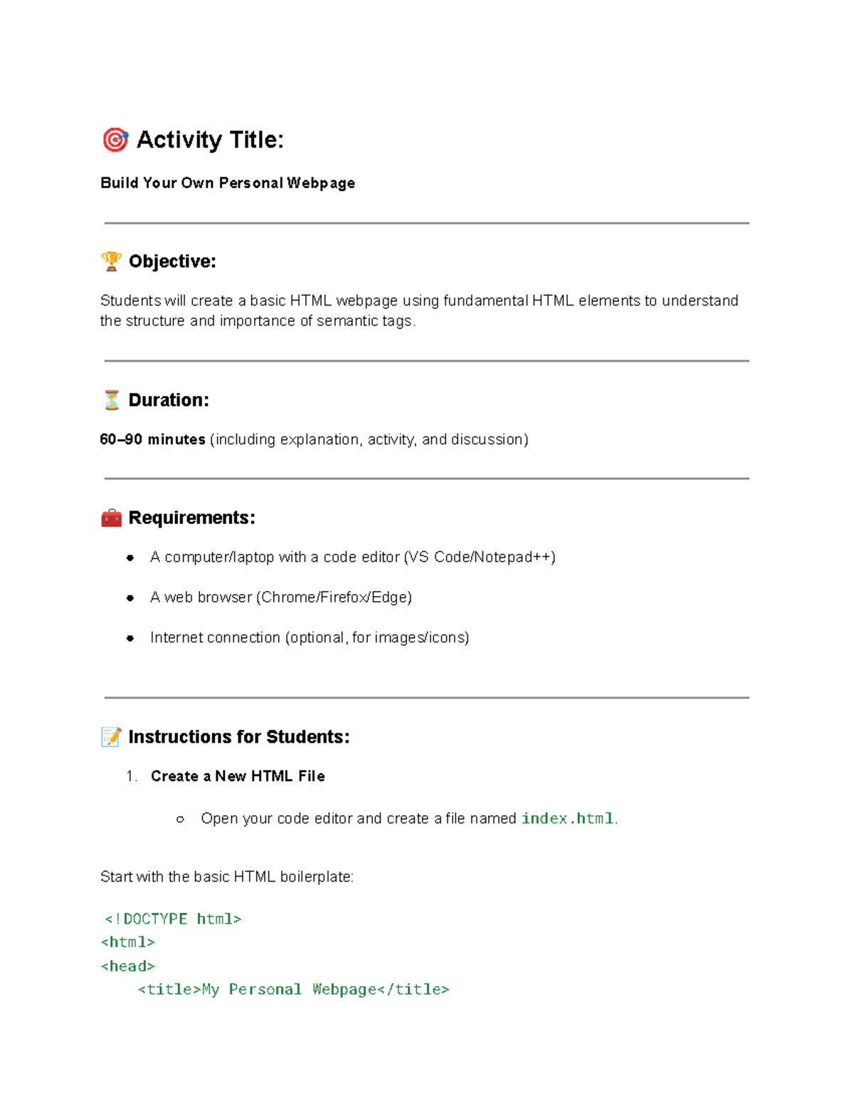 Activity: Build Your Own Personal Webpage - Semantic Tags - Studocu