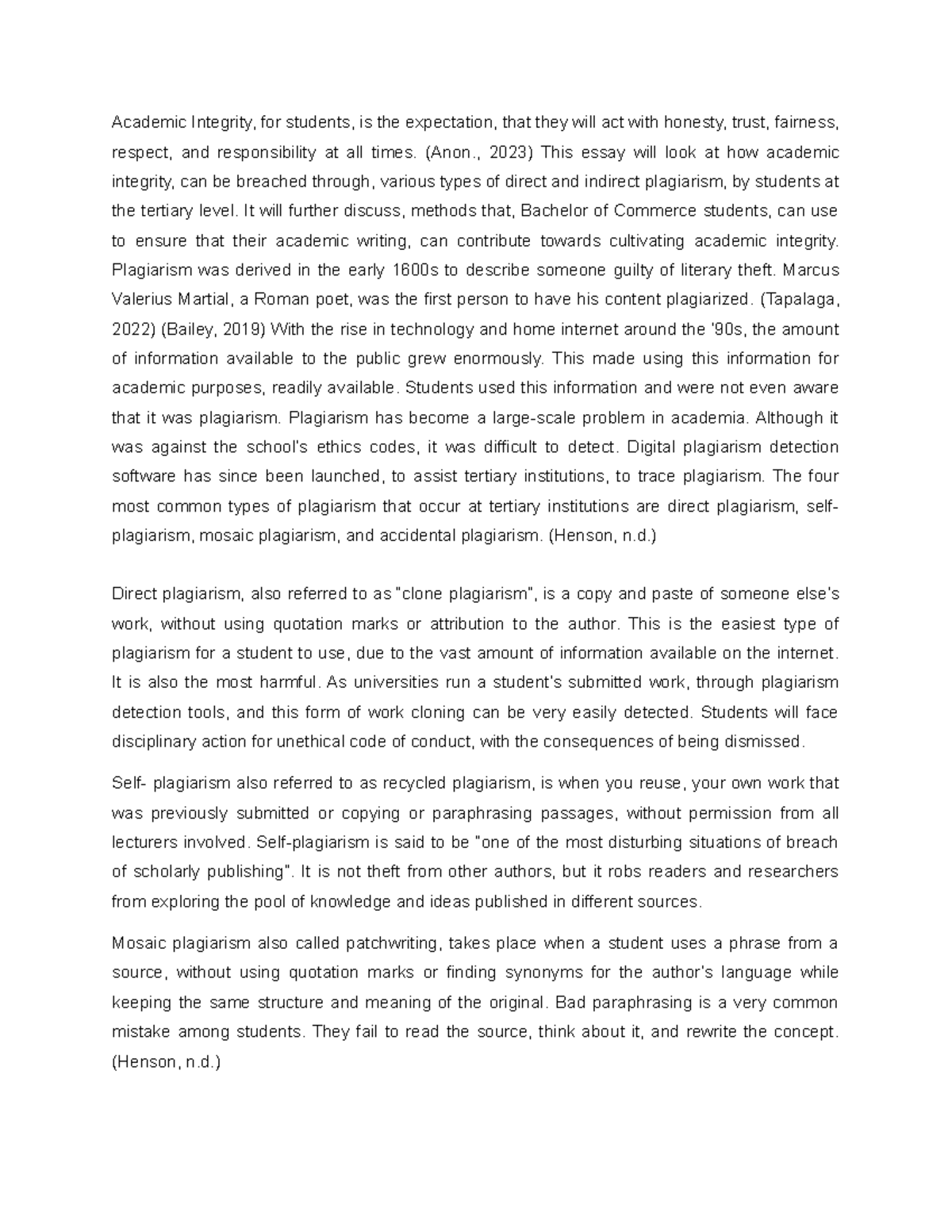 Essay 1: Understanding Academic Integrity and Plagiarism for BCom ...