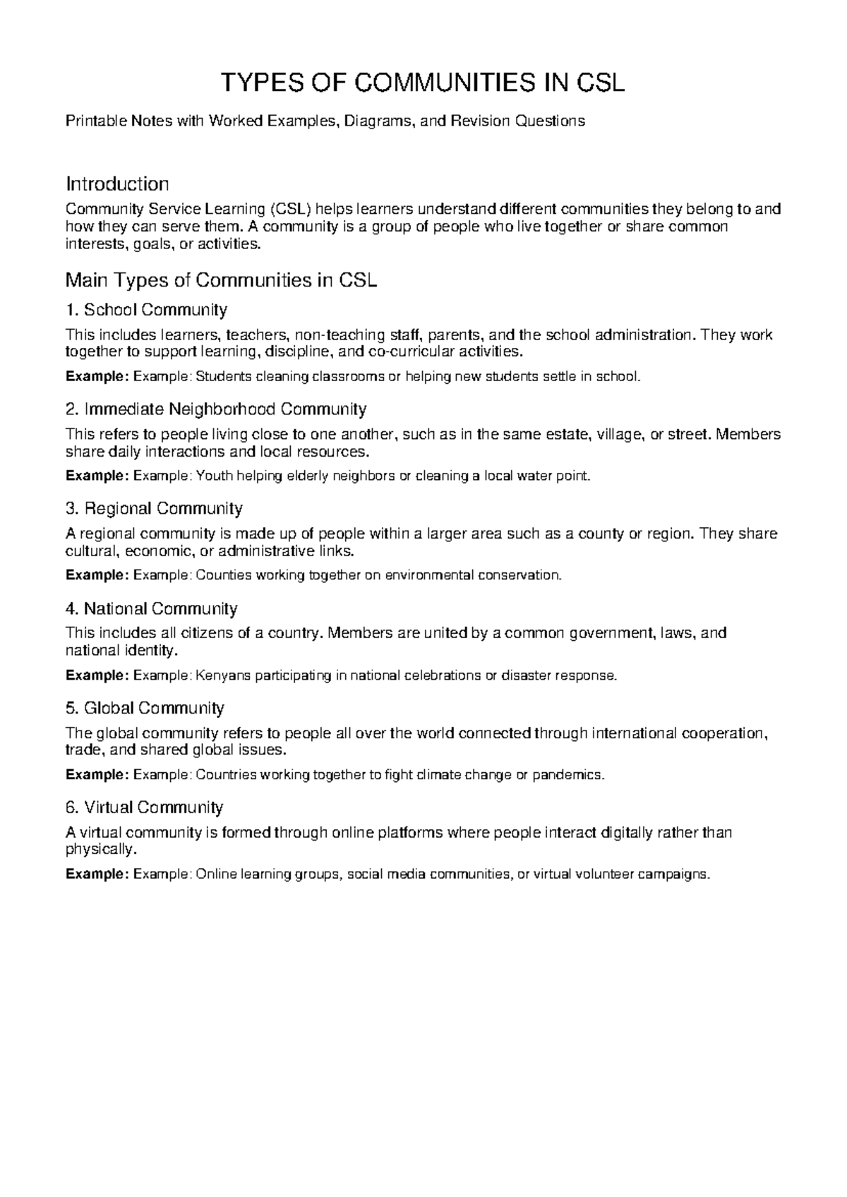Types of Communities in CSL: Notes, Examples & Revision Questions - Studocu